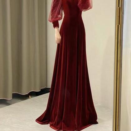 Red Evening Dress , Long Sleeve Party Dress, Velvet Prom Gown ,custom ...