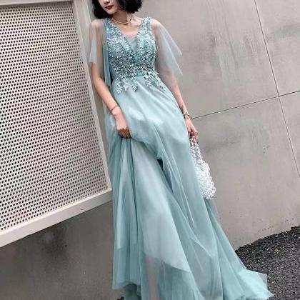 Blue Evening Dress, Fairy Prom Dress, V-neck Party Dress ,custom Made ...