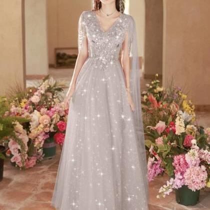 Gray Graduation Dress, V-neck Evening Gown, Shiny Party Dress on Luulla