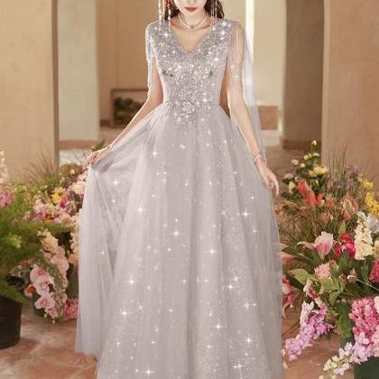 Gray Graduation Dress, V-neck Evening Gown, Shiny Party Dress on Luulla