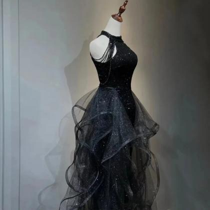 Sparkling Black Evening Gown With Tulle Overlay on Luulla