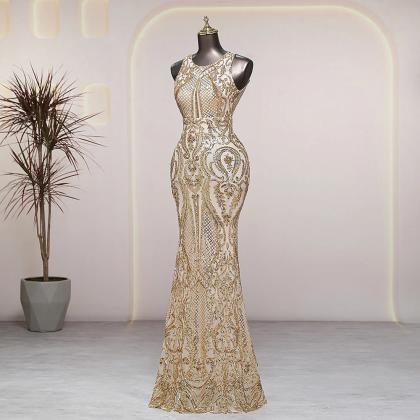 Gold Sequin Sleeveless Gown With Intricate Pattern on Luulla