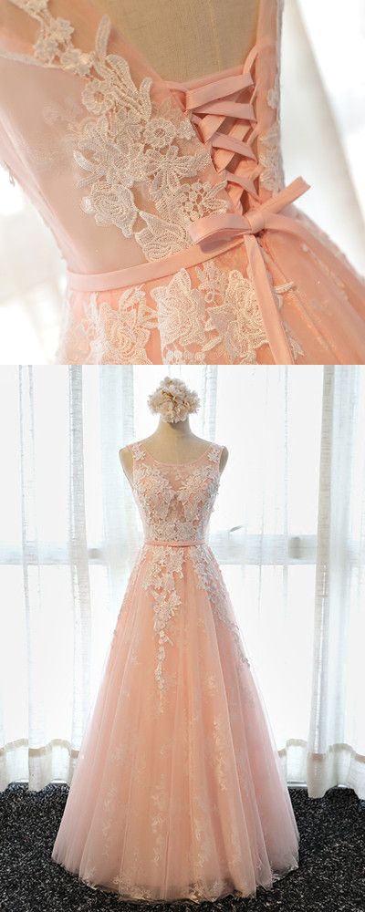 Simple Pink Lace Long Senior Prom Dress, Long Tulle Bridesmaid Dress on ...