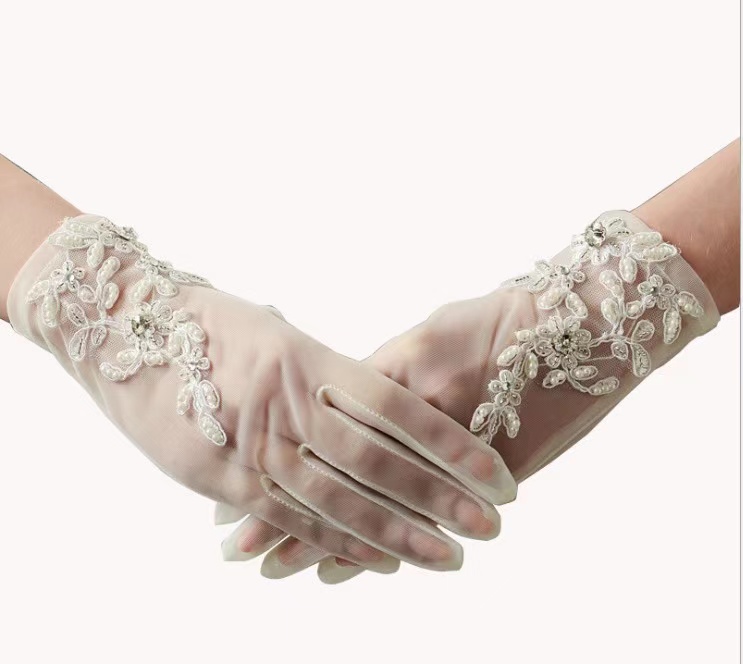 Fancy Piece Sewn Bead Bright Diamond Gloves, Wedding Gloves on Luulla