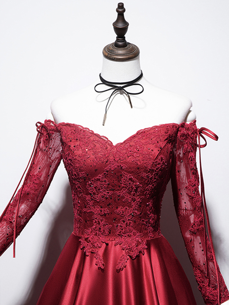 Burgundy ,off Shoulder Prom Dress ,long Sleeve Evening Dress,custom ...