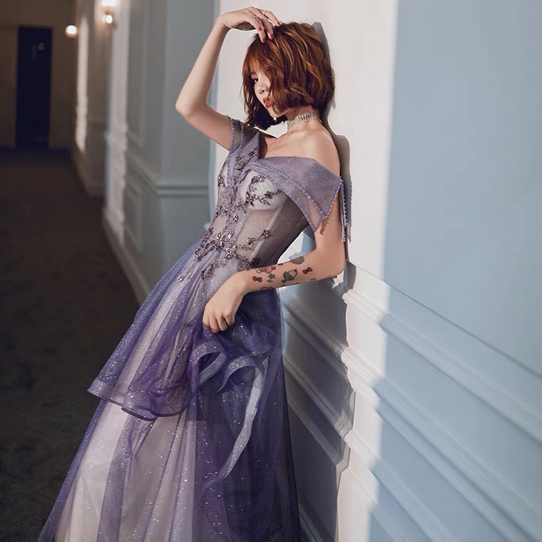 Purple Starry Sky Dress, Heavy Beaded Prom Dress, Off-the-shoulder ...