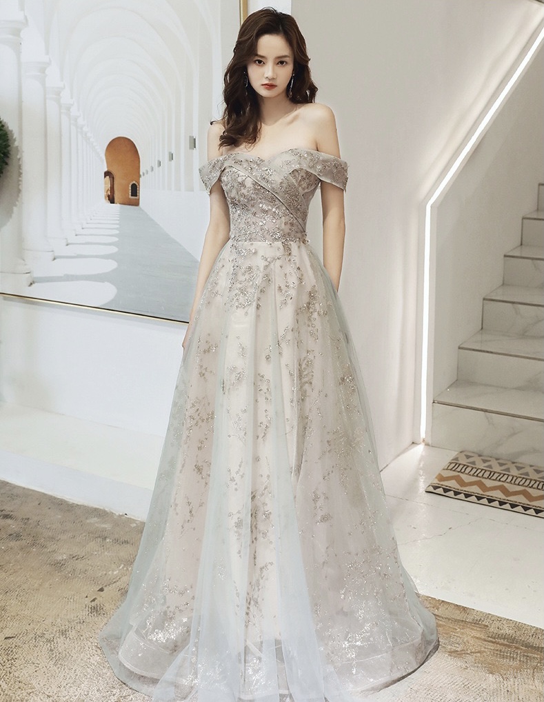 Fairy Off Shoulder Evening Dress, Shiny Grey Prom Dress,custom Made on ...