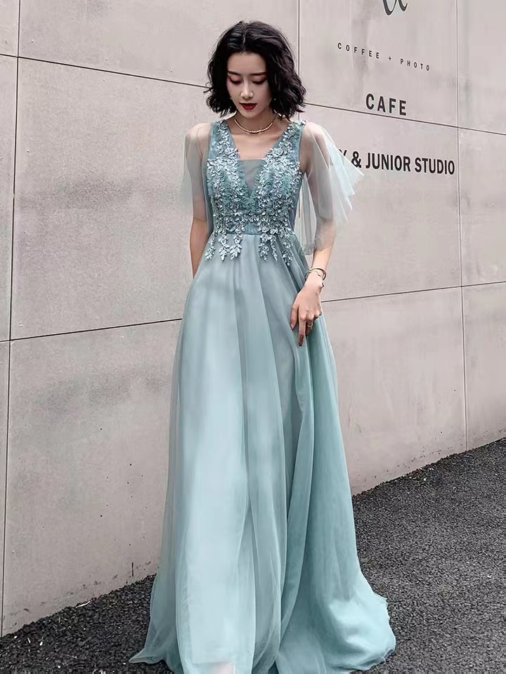 Blue Evening Dress, Fairy Prom Dress, V-neck Party Dress ,custom Made ...