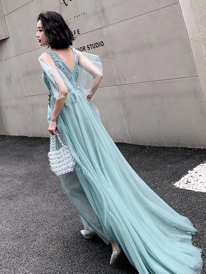 Blue Evening Dress, Fairy Prom Dress, V-neck Party Dress ,custom Made ...
