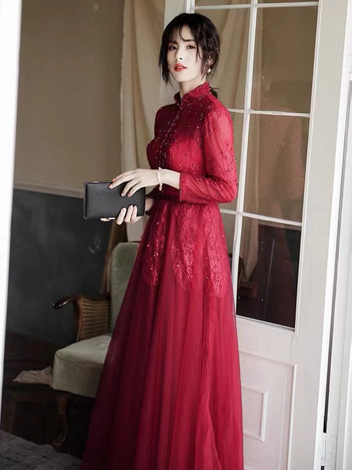 Long Sleeve Prom Dress, High Neck Party Dress,red Formal Dress, Custom ...