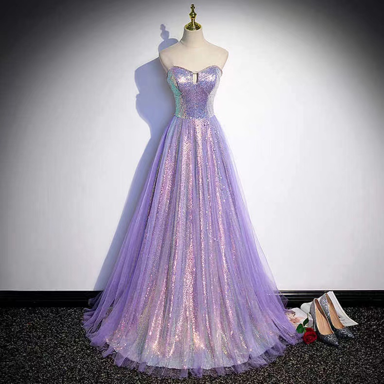 Purple Strapless Sequin Evening Dress, Light Luxury Prom Dress, Dream ...