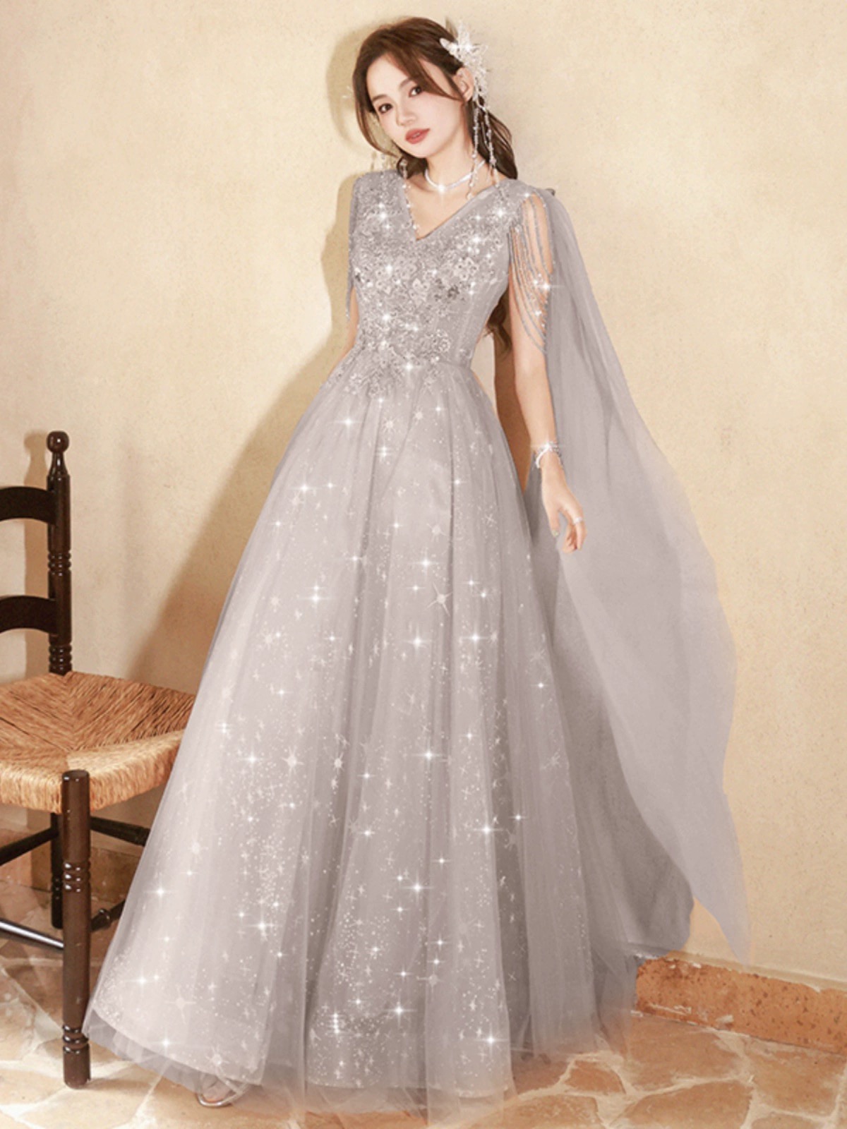 Gray Graduation Dress, V-neck Evening Gown, Shiny Party Dress on Luulla