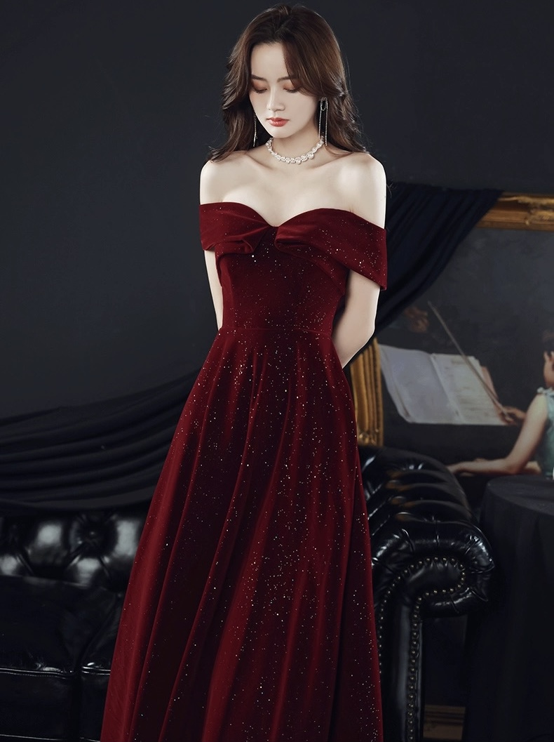 Burgundy Party Dress, Velvet Prom Dress, Off Shoulder Formal Dress on ...