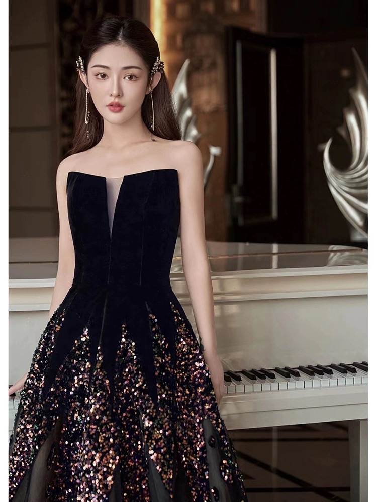 Strapless Party Dress,black Prom Dress Luxury Shiny Evening Dress on Luulla