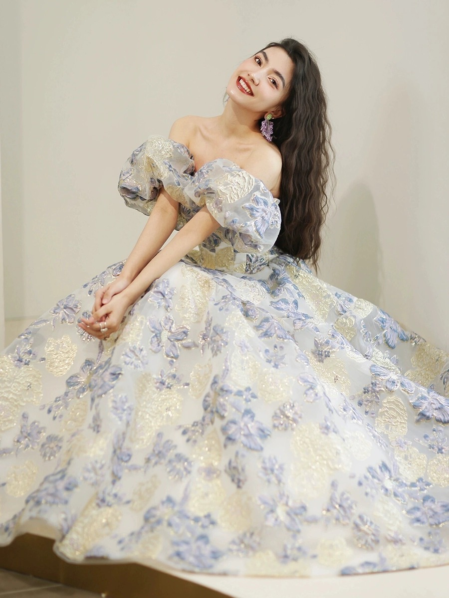 Princess Puff Sleeve Jacquard Satin Dress, Oil Painting Style Evening Dress on Luulla