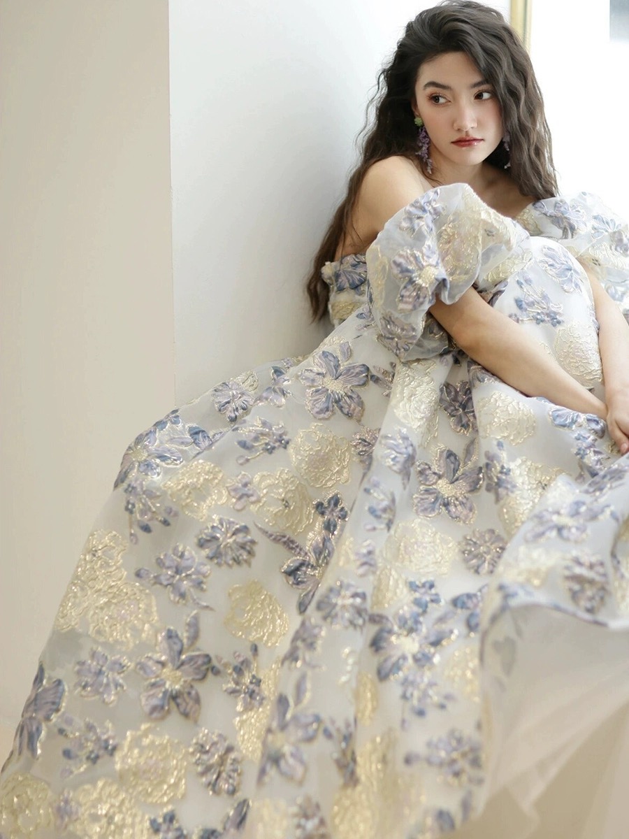 Princess Puff Sleeve Jacquard Satin Dress, Oil Painting Style Evening Dress on Luulla