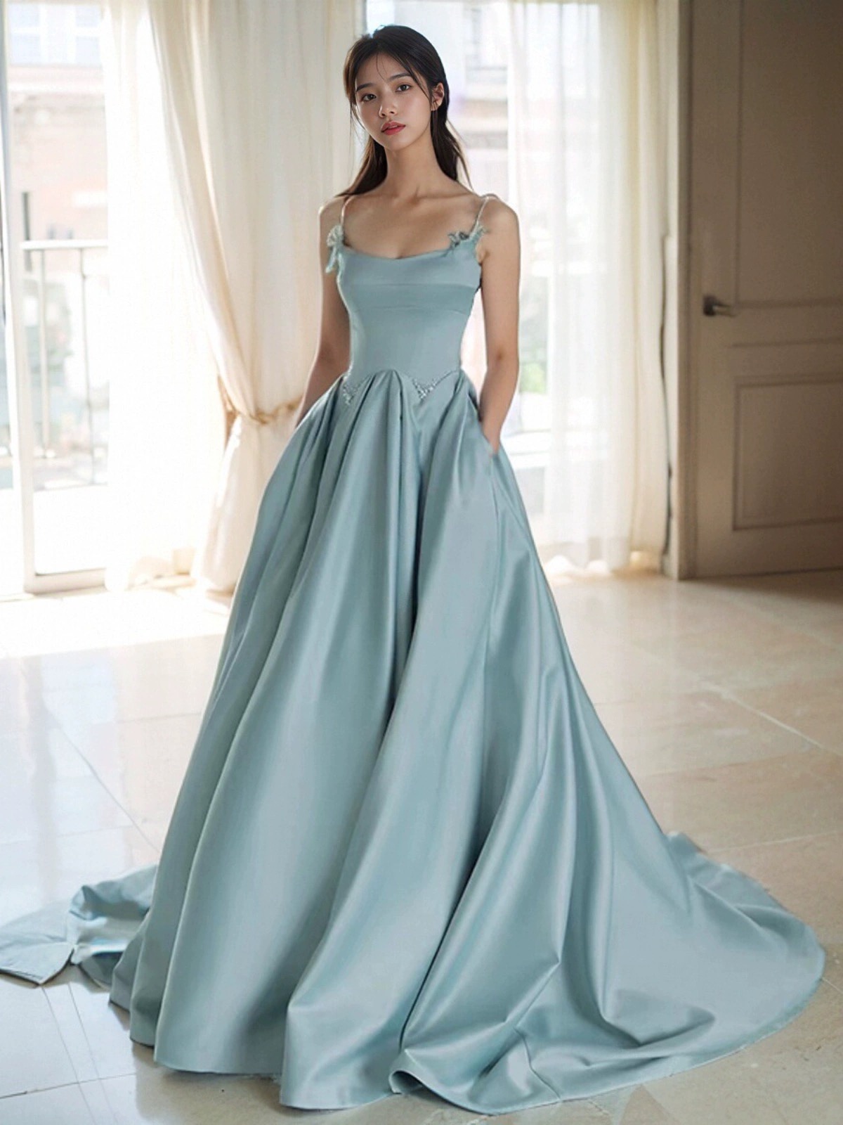 Blue Spaghetti Stap Satin Evening Gown, Cute Graduation Dress on Luulla