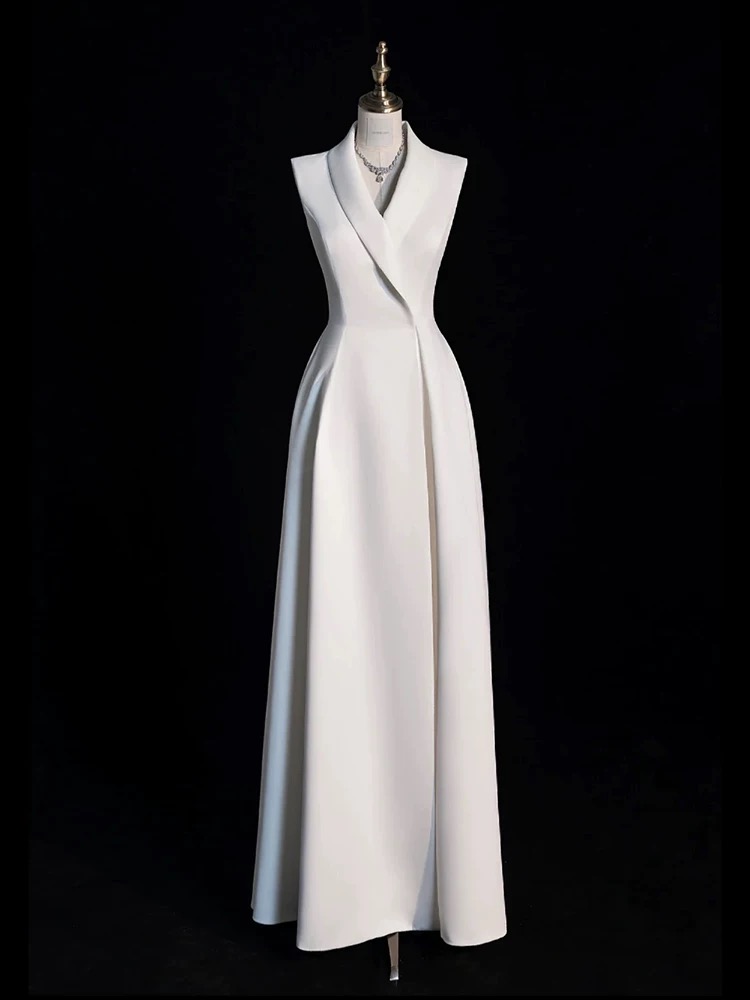 White V-neck Satin Evening Gown,elegant Wedding Guest Dress,simple ...