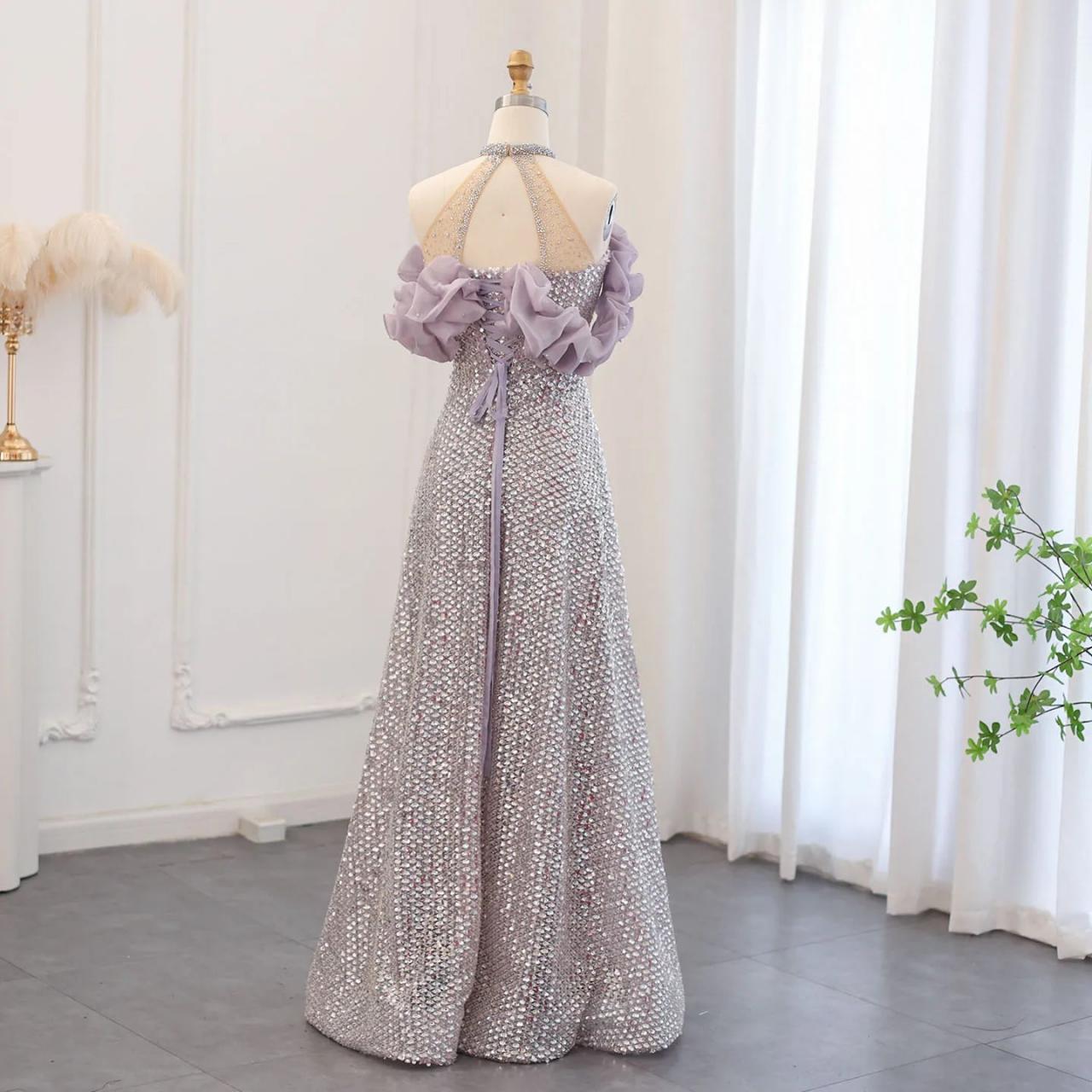 Sparkling Silver Gown With Ruffled Off-shoulder Sleeves on Luulla