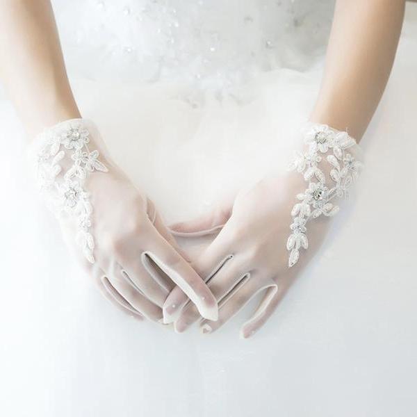 Bride Wedding Short Tulle Gloves, White Embroidery Seam Bead Light ...
