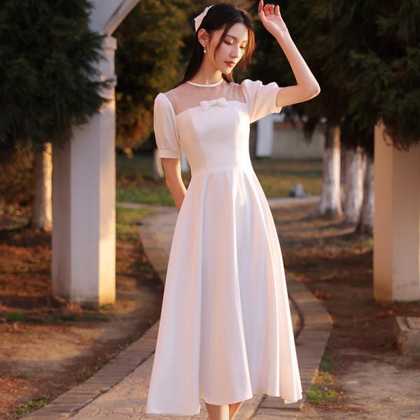 French Light Wedding Dress, Short Sleeve Daily Dress, Simple Small ...