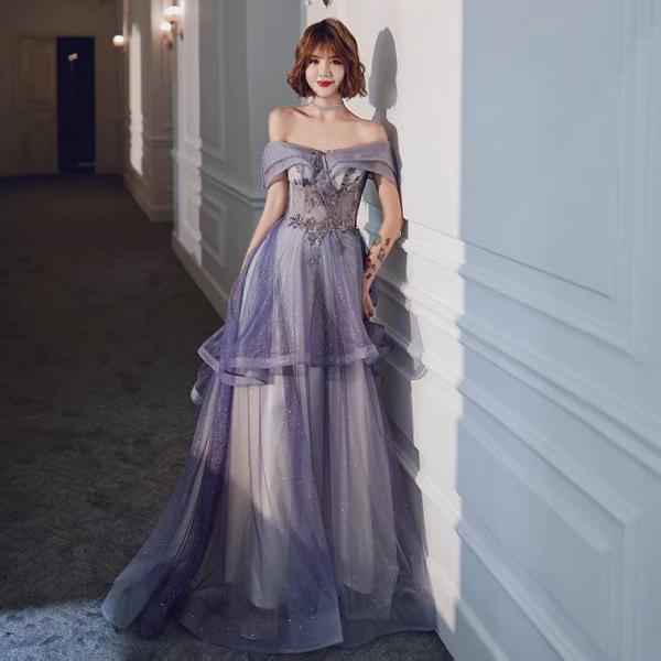 Purple Starry Sky Dress, Heavy Beaded Prom Dress, Off-the-shoulder ...