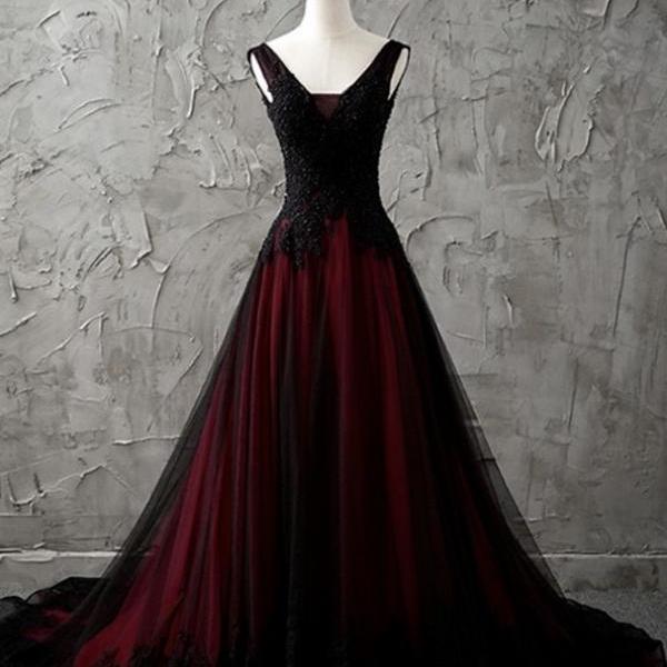 Charming Sleeveless Black And Red Lace Appliques Beaded Party Dress ...