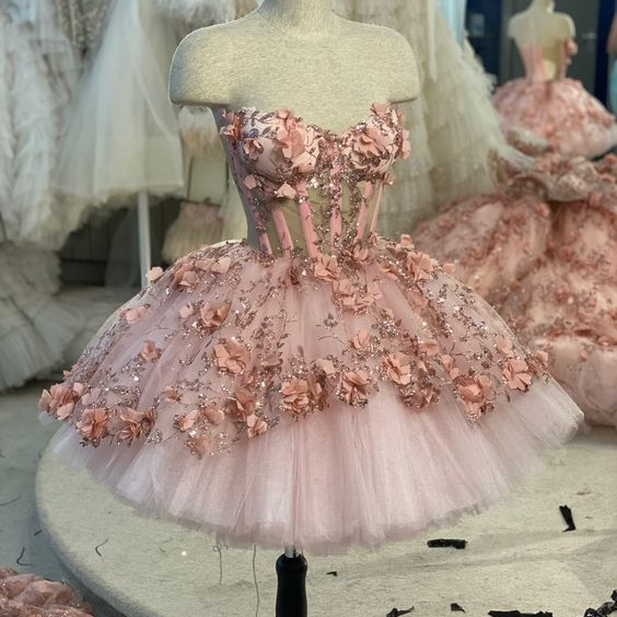 Sweet 16 Dresses, Pink Floral Prom Dresses, , Knee Length Prom Dresses ...