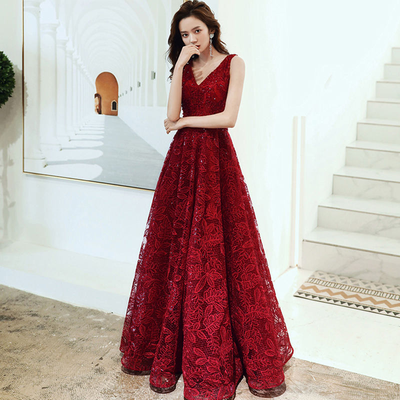V-neck Prom Dress,red Party Dress,lace Embroidered Prom Dress,custom ...