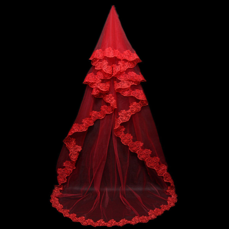 Bridal Veil, 3 Meters Of Lace, Red Long Tail Wedding Veil, Spot ...