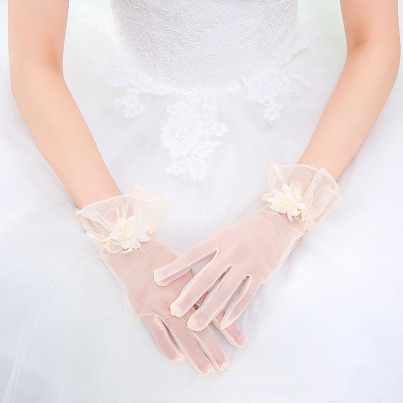 Bride's Wedding Lace Flower Gloves, Champagne Color Net Gauze Short ...