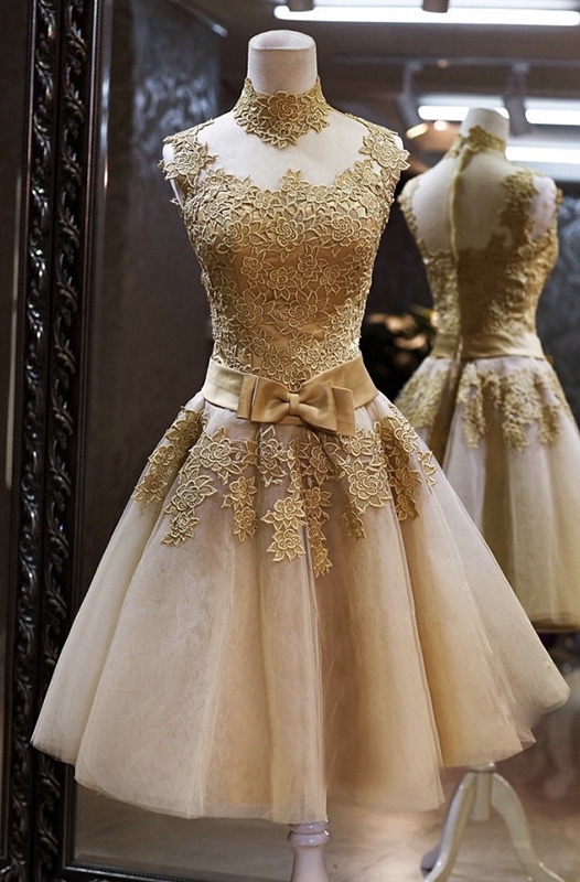 Gold Homecoming Dress,lace Prom Dress,high Neck Short Dress,custom Made ...
