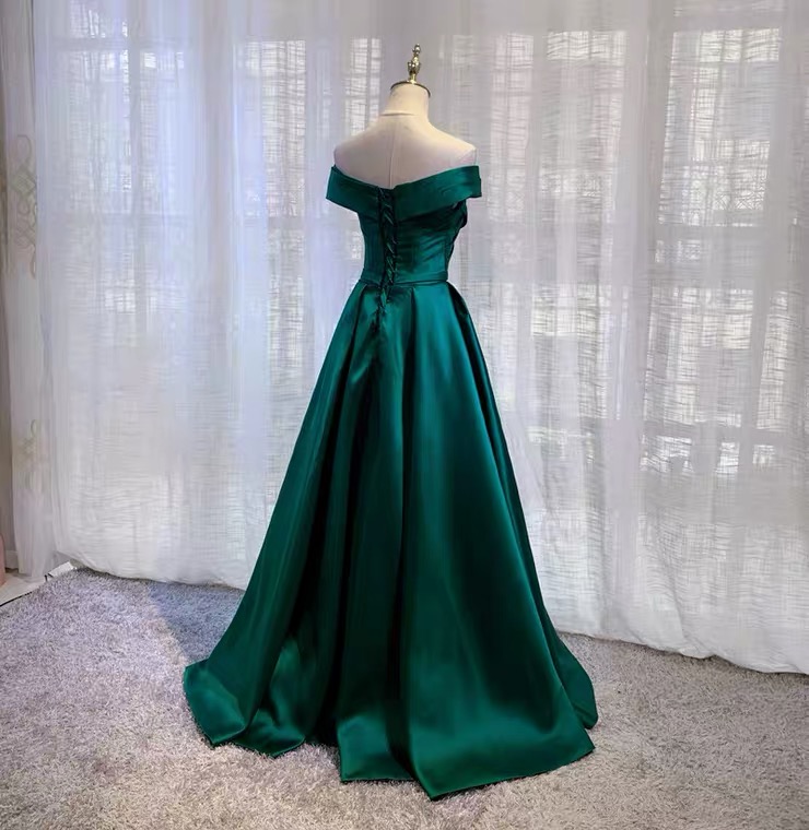 Off Shoulder Satin Evening Dress, Dark Green Party Dress,custom Made on ...