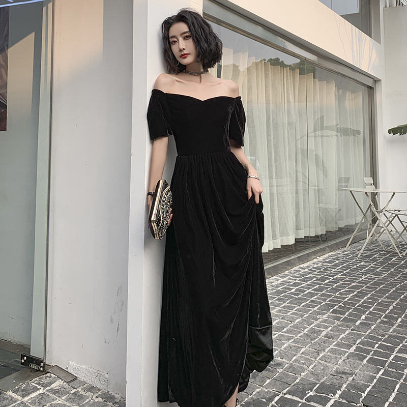 Noble Velvet Prom Dress, Temperament, Black Off-the-shoulder Evening ...