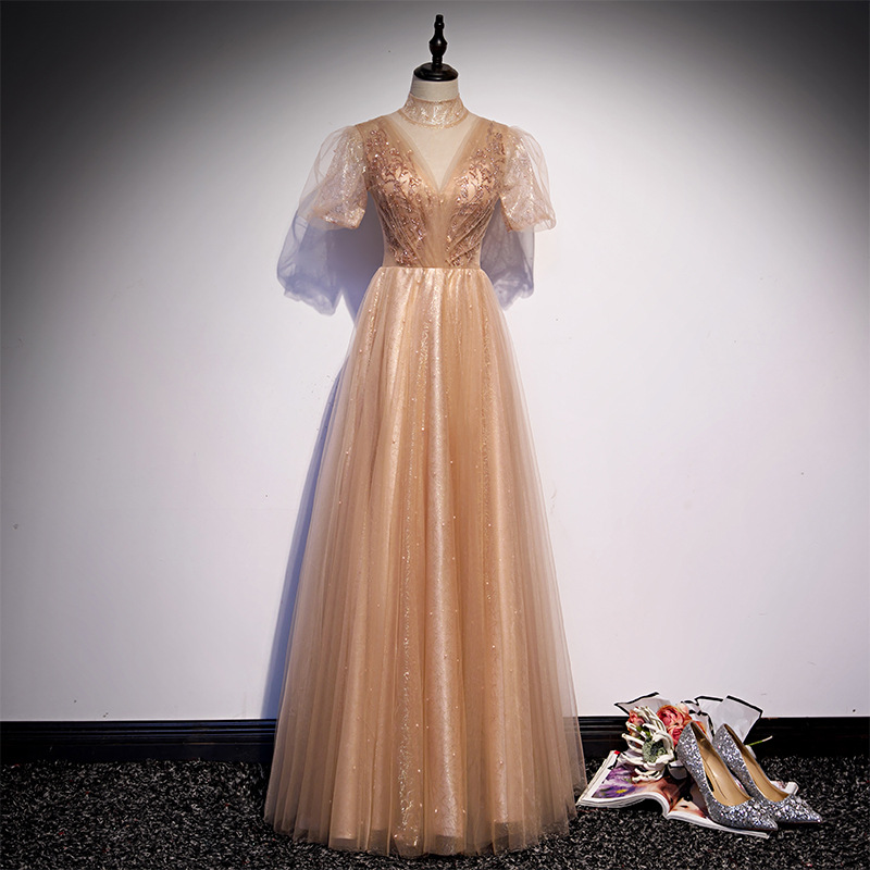 High Quality Golden Evening Dress, Noble And Elegant Temperament Long ...