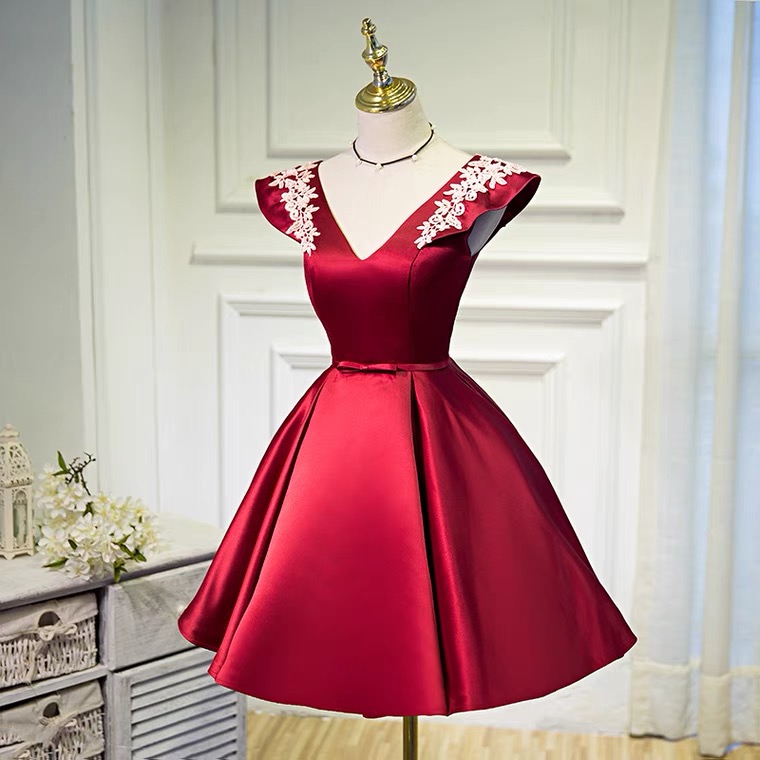 V-neck Homecoming Dress, Short Princess Dress, Satin Evening Dress ...