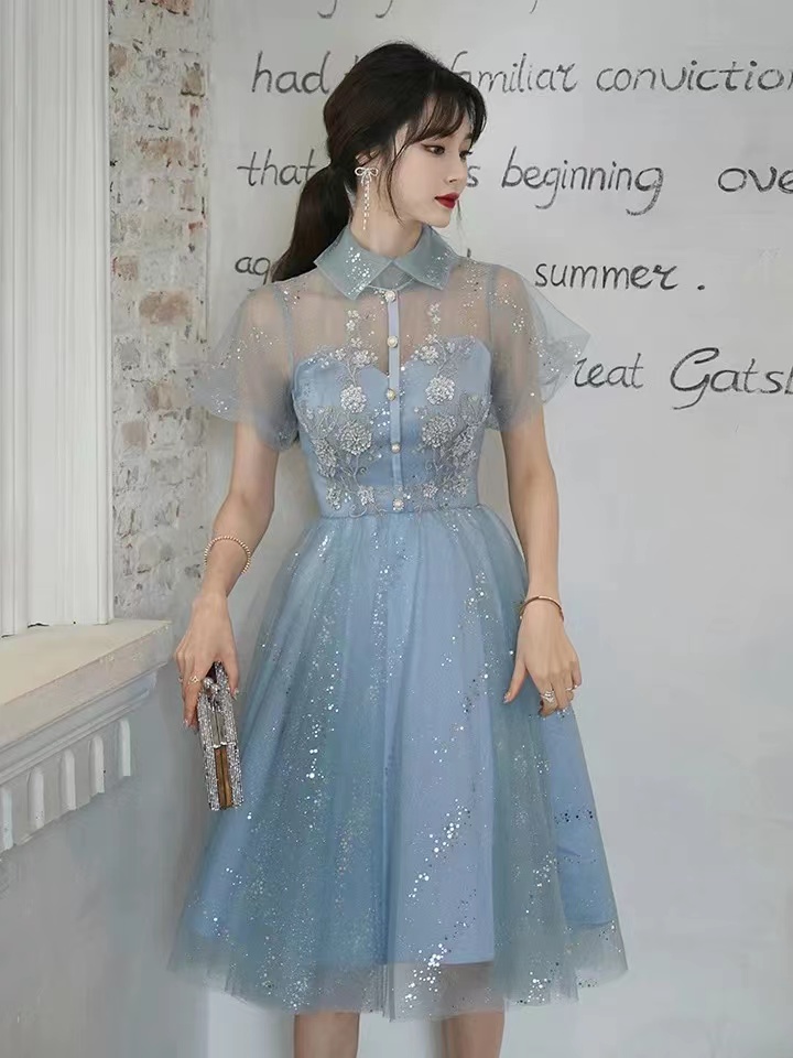 High Collar Prom Dress, Blue Homecoming Dress, Elegant Daily Party ...