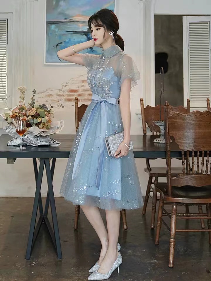 High Collar Prom Dress, Blue Homecoming Dress, Elegant Daily Party ...