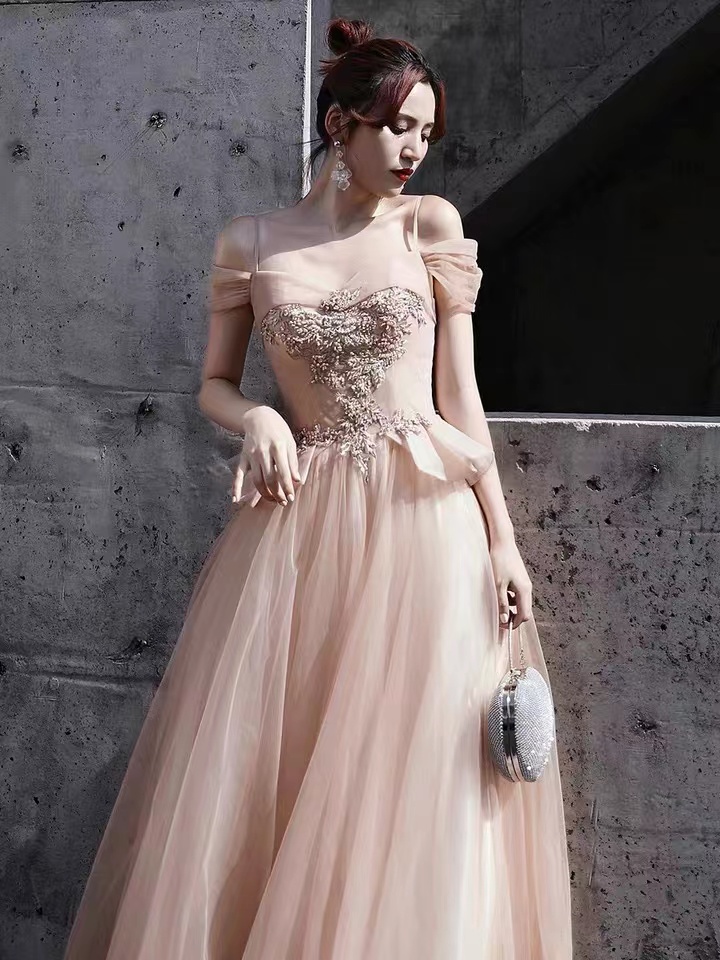 Off Shoulder Prom Gown, Spaghetti Strap Party Dress, Pink Bridesmaid ...
