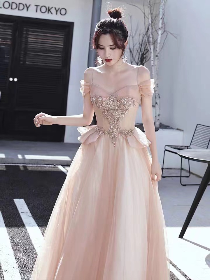 Off Shoulder Prom Gown, Spaghetti Strap Party Dress, Pink Bridesmaid ...