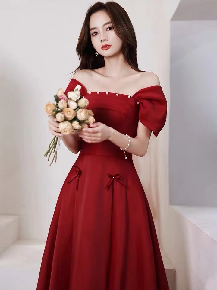 Little Red Prom Dress, Cute Princess Party Dress, Off Shoulder Evening ...