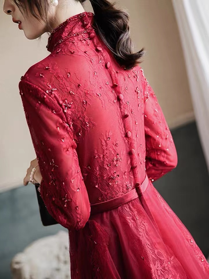 Long Sleeve Prom Dress, High Neck Party Dress,red Formal Dress, Custom ...