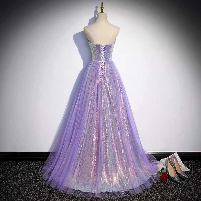 Purple Strapless Sequin Evening Dress, Light Luxury Prom Dress, Dream ...