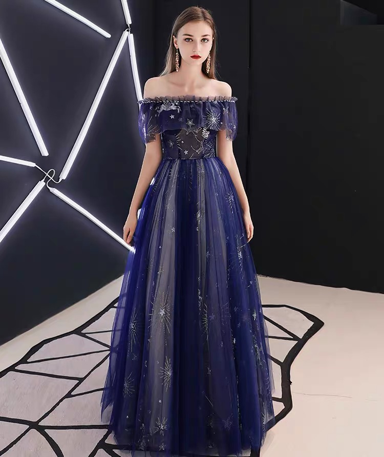 Blue Ruffled Prom Dress, Off-shoulder Elegant Dress, Star Party Dress ...