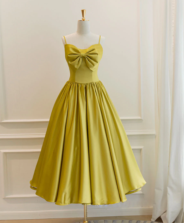 Spaghetti Strap Homecoming Dresses,cute Midi Dress,yellow Satin Tea ...
