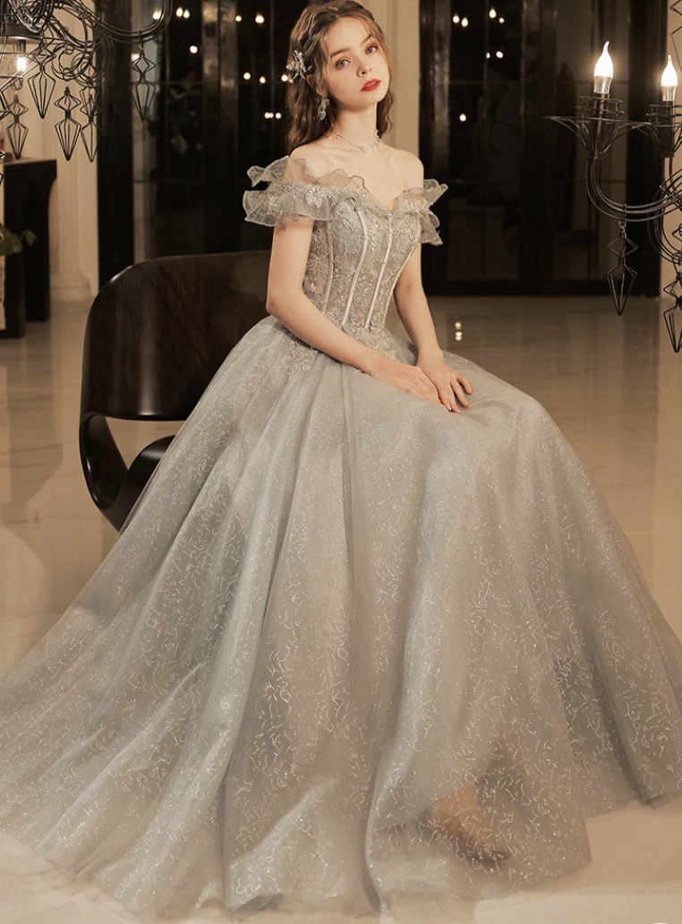 Off Shoulder Evening Dress, Gray Party Dress,fairy Party Dress,luxury ...