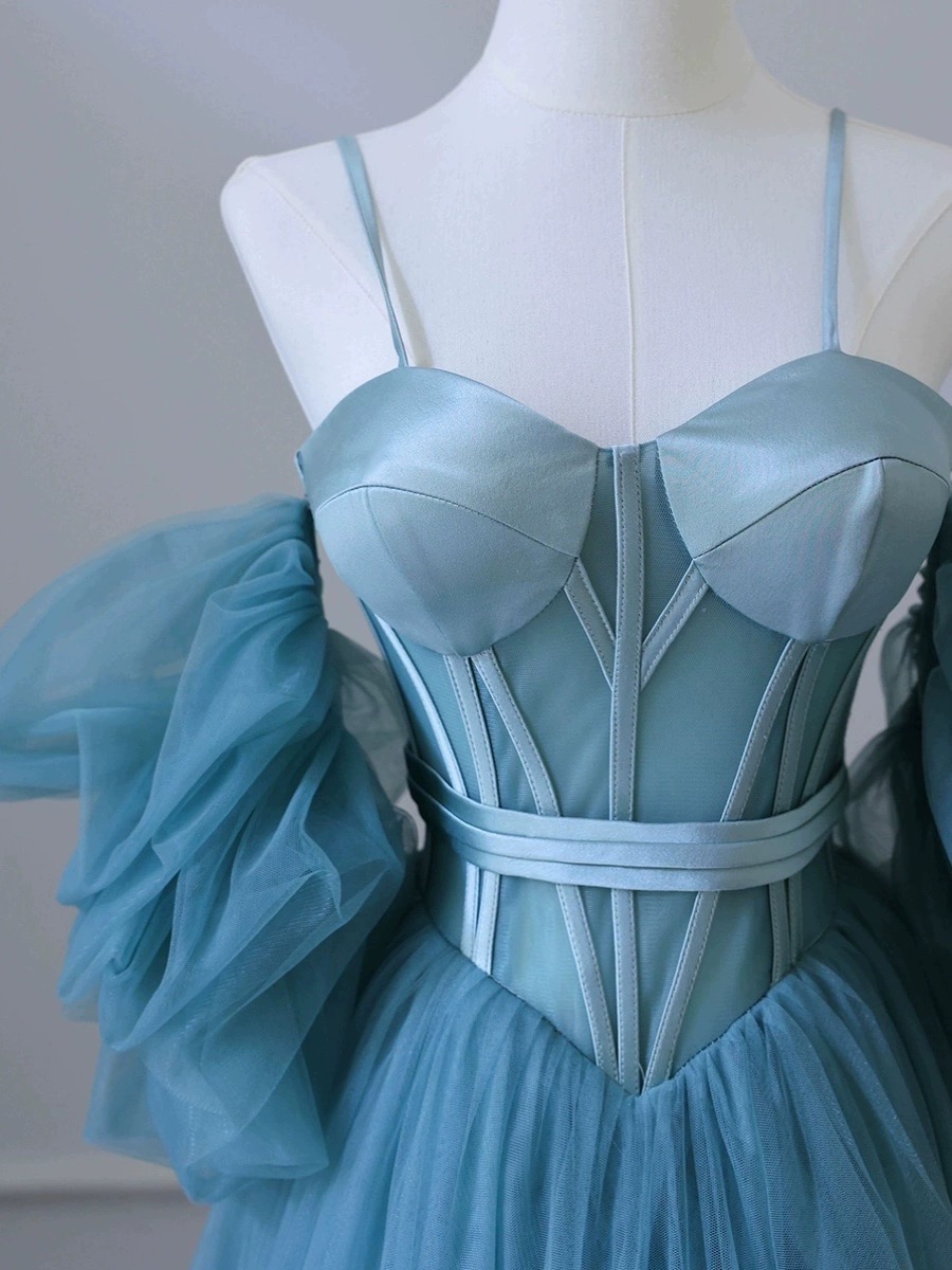 Sheer Corset Bodice Tulle Ball Gown With Puff Sleeves on Luulla