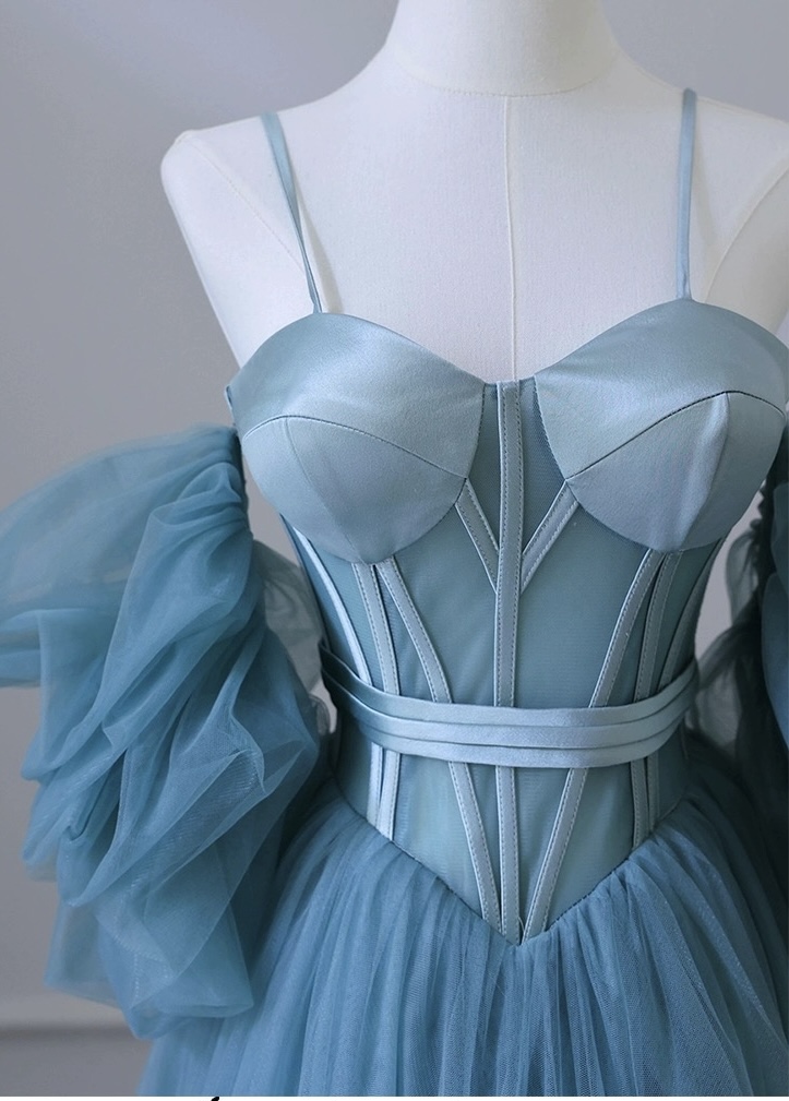 Sheer Corset Bodice Tulle Ball Gown With Puff Sleeves on Luulla