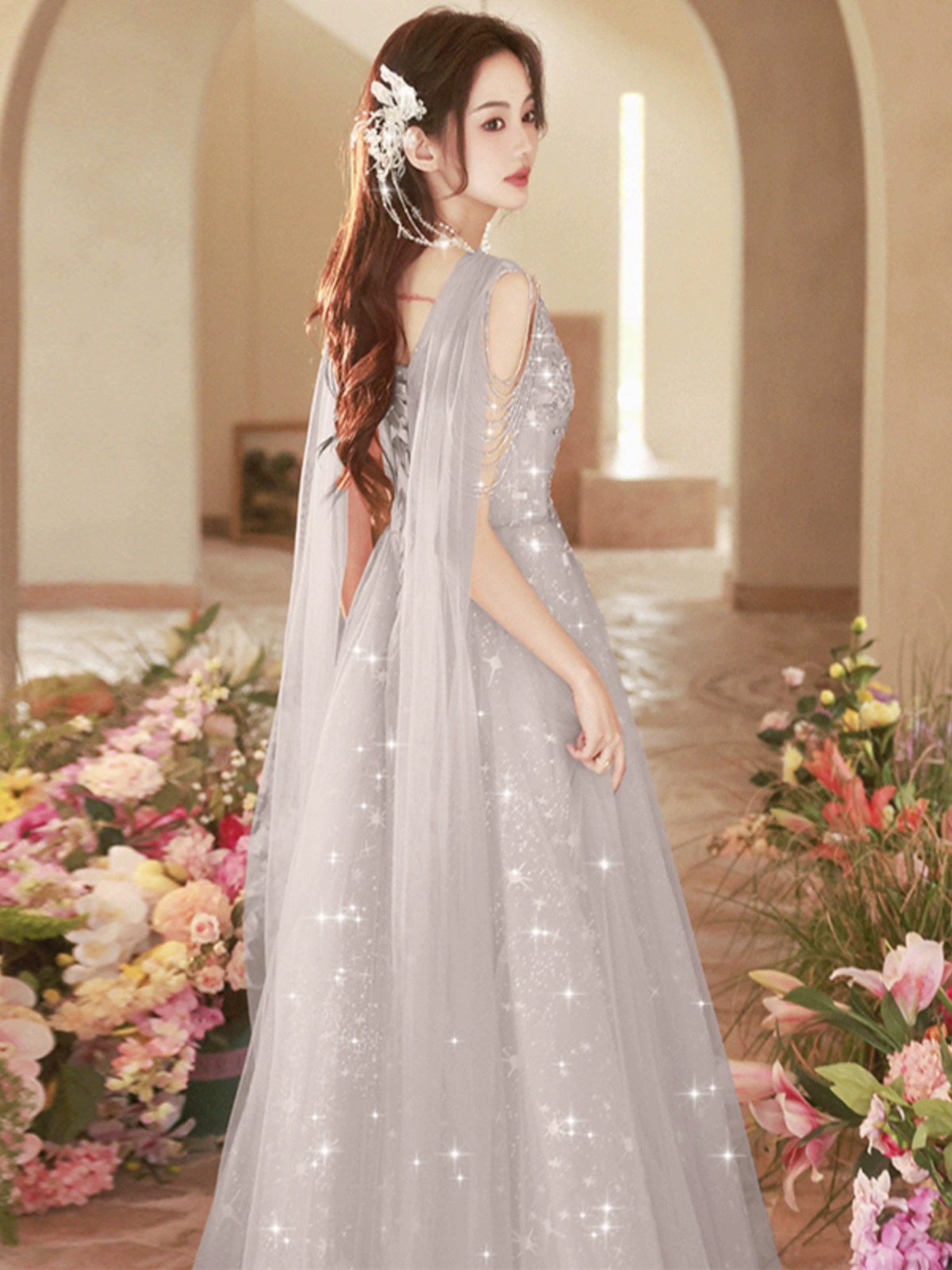 Gray Graduation Dress, V-neck Evening Gown, Shiny Party Dress on Luulla