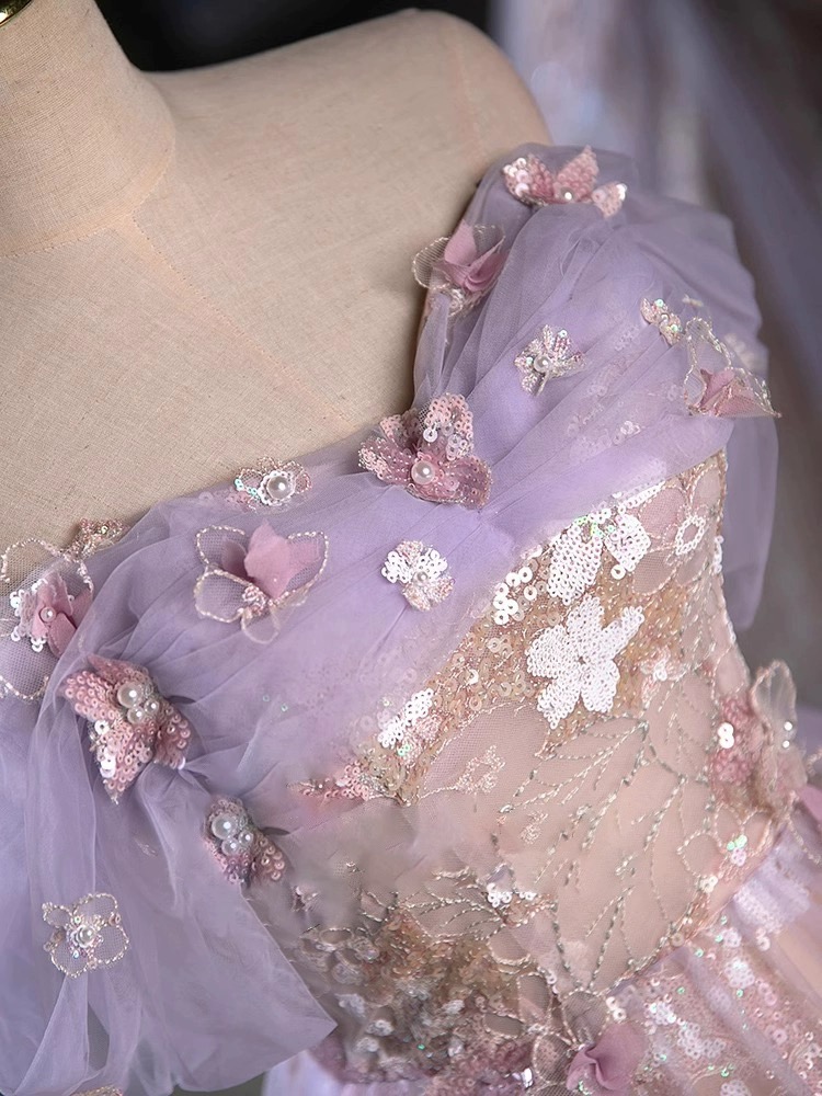 Off Shoulder Tulle Lace Purple Long Prom Dress, Fairy Purple Formal ...